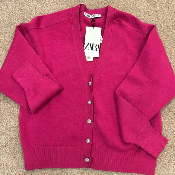 Zara | Sweaters | Nwt Zara Pink Embellished Cardigan Top Diamond Floral ...